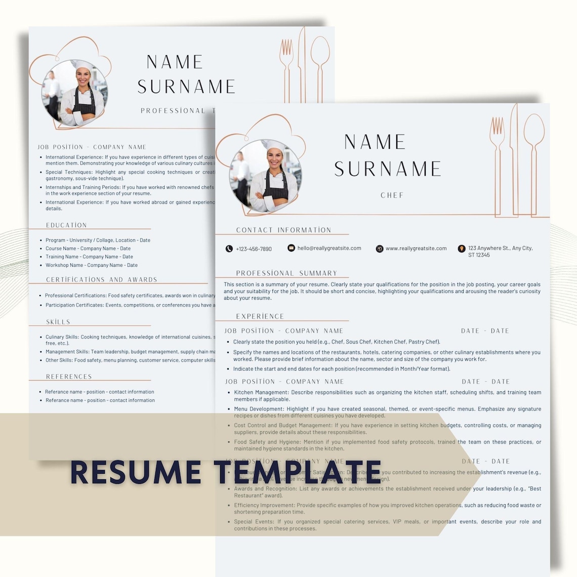 Chef Resume Template: Modern CV Design With Cover Letter (canva) - Etsy