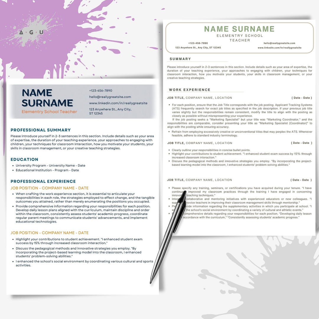 ATS Modern Resume Template for Elementry School Teacher , Canva ...