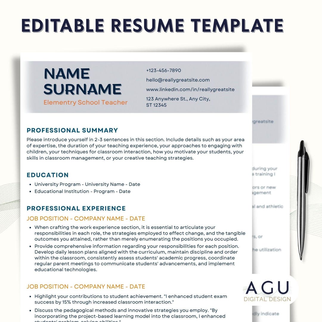Modern Teacher Resume Template: Minimalist CV Design (canva, Digital ...