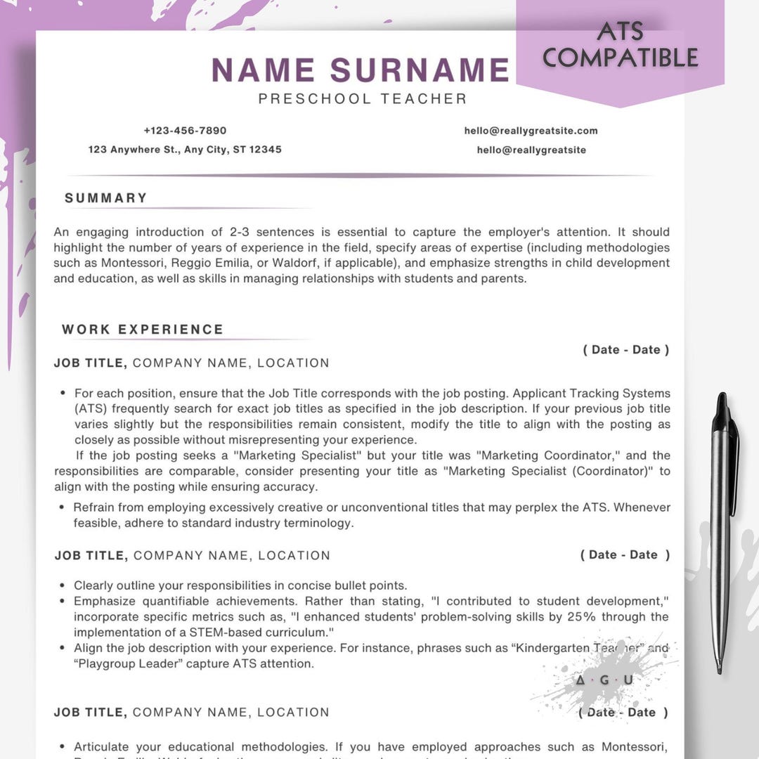 ATS Resume Template for Preschool Teacher, Canva, ATS Friednly ...