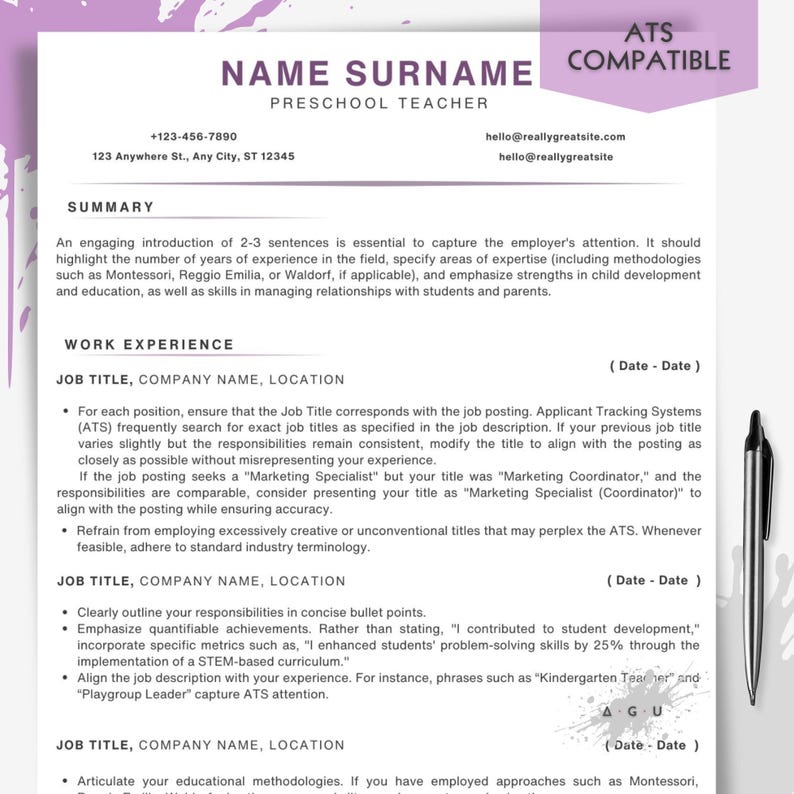 ATS Resume Template for Preschool Teacher, Canva, ATS Friednly ...