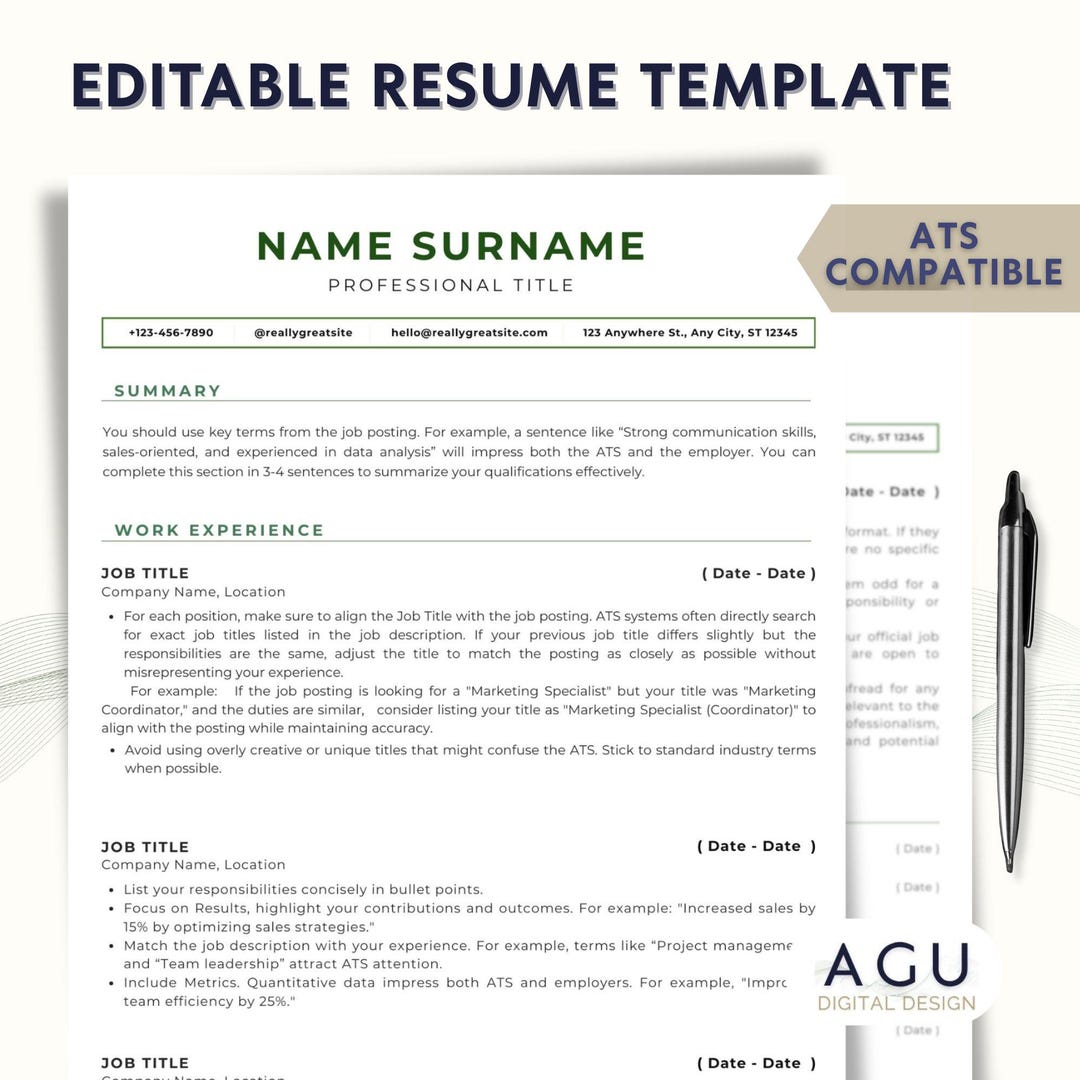 ATS Resume Template: Modern CV Design With Cover Letter (canva, Digital ...