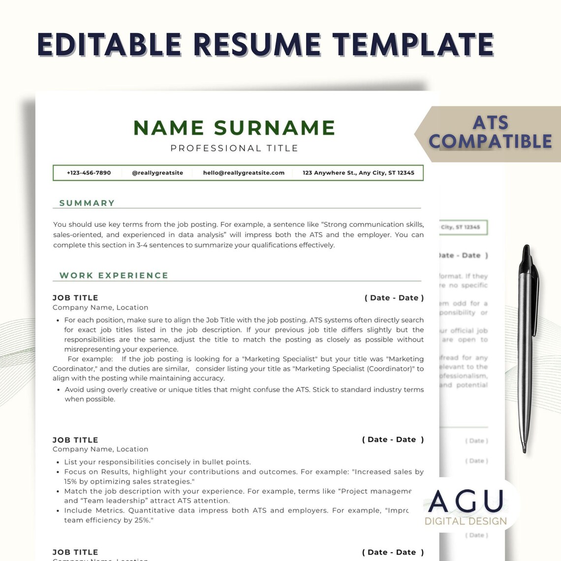 ATS Resume Template: Modern CV Design With Cover Letter (canva, Digital ...