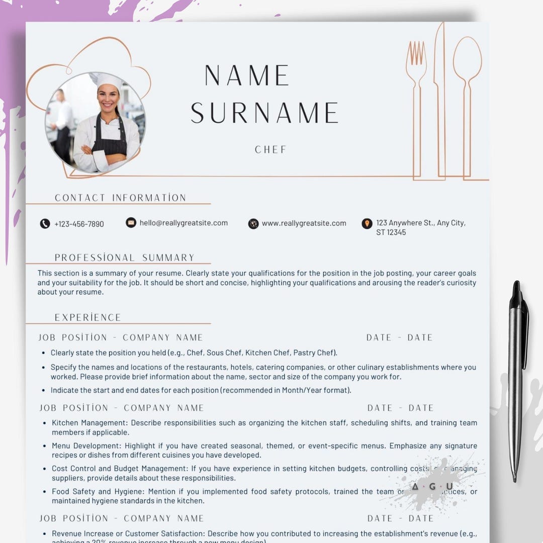 Chef Resume Template | ATS Friendly Culinary CV | Editable Canva Resume ...