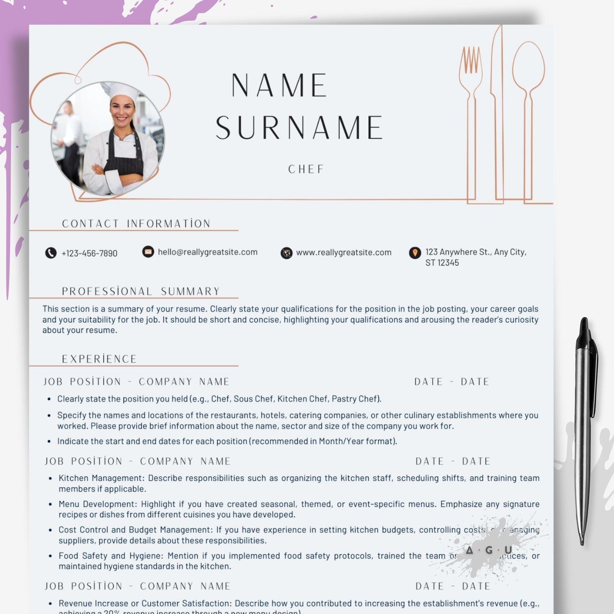 Modern Resume Template for Chefs/cooks, Customizable, Editable in Canva ...