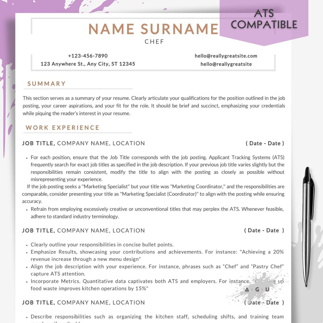 ATS Resume Template for Chef/cook, Canva, Customizable, ATS Friednly ...