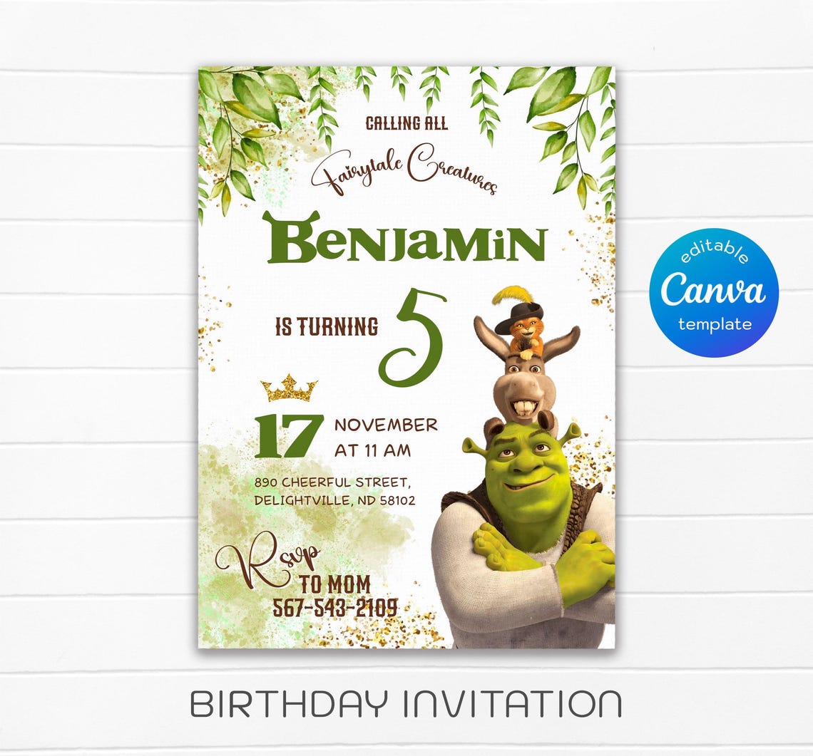 Shrek Birthday Invitation, Printable Shrek Invitation, Fiona Party ...