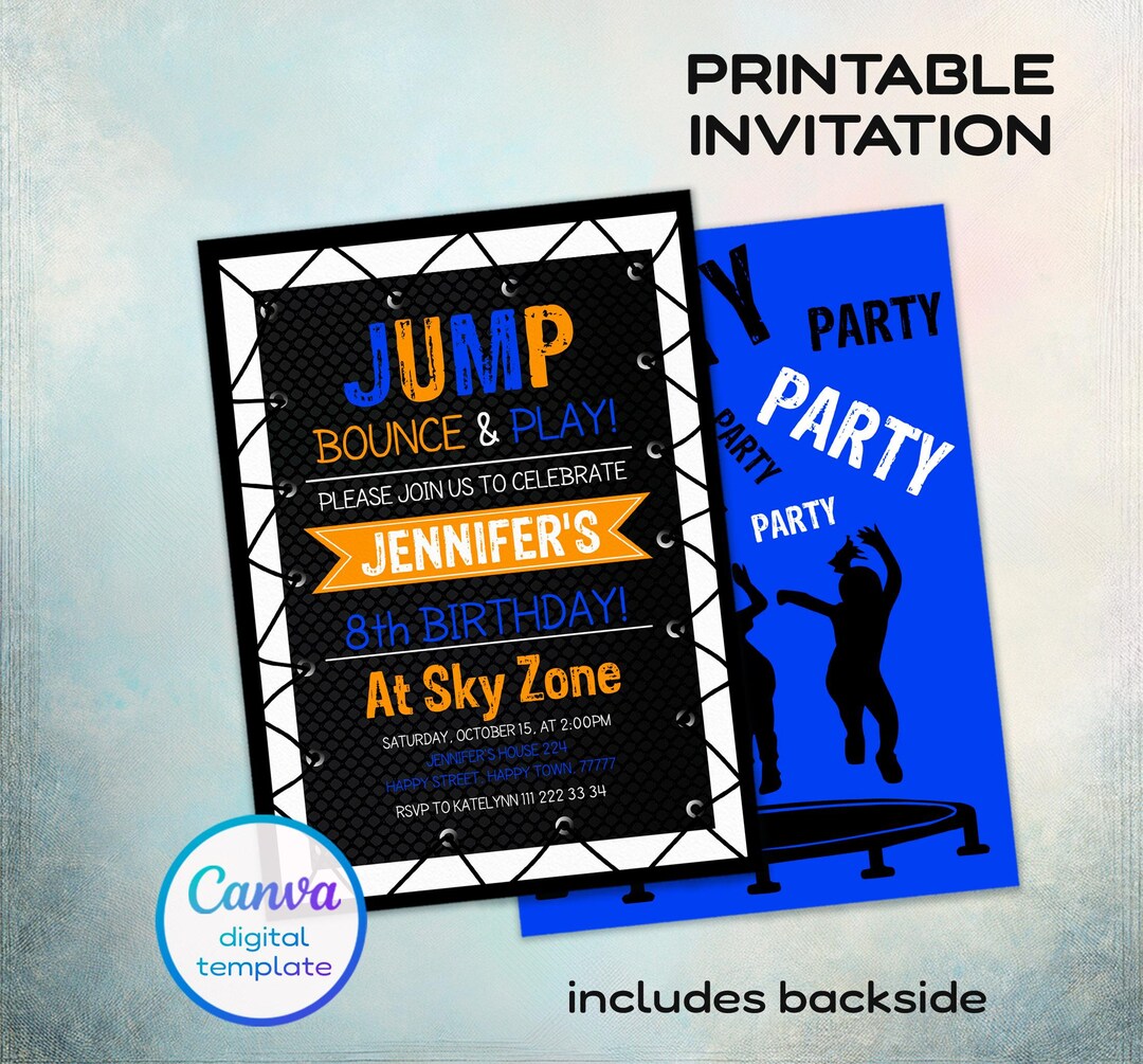 Editable Jump Invite, Trampoline Birthday Invitation, Boy Girl Birthday ...