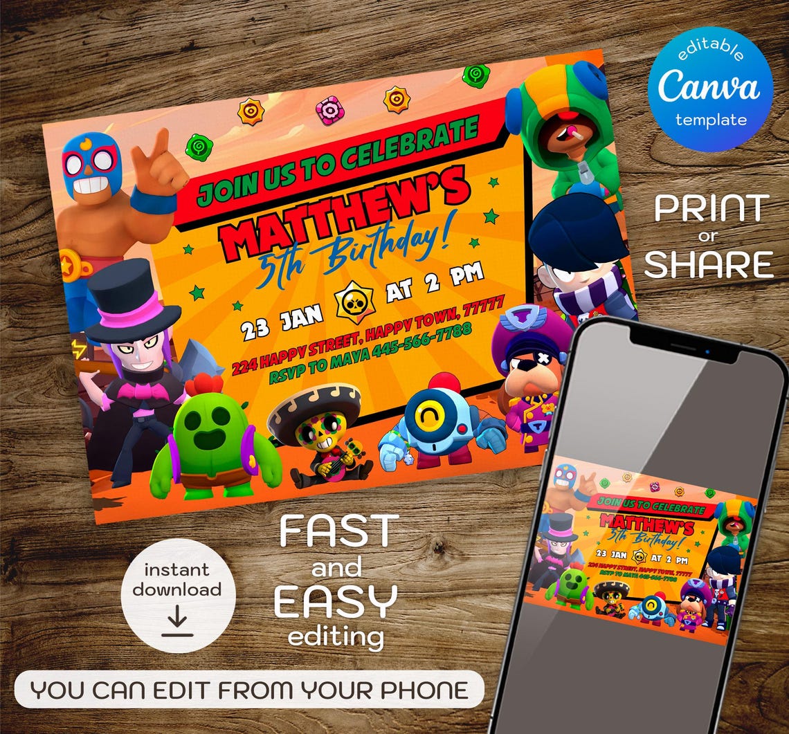 Brawl Stars Invitation, Gamer Invite, Printable Editable Video Game ...