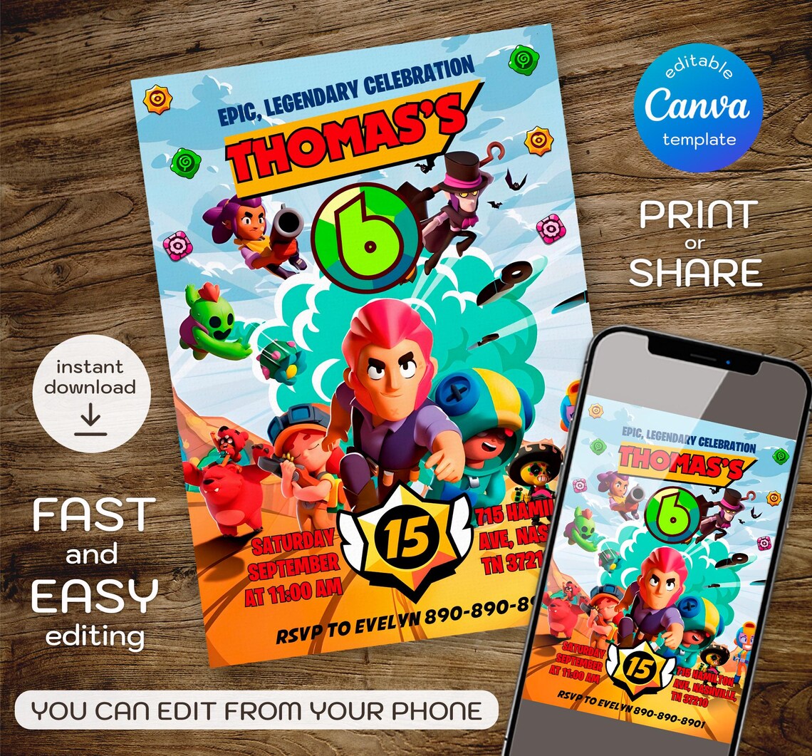 Brawl Stars Invitation, Gamer Invite, Printable Editable Video Game ...
