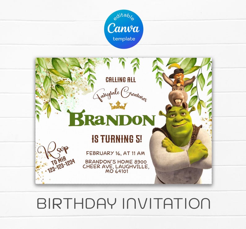 Shrek Birthday Invitation, Printable Shrek Invitation, Fiona Party ...