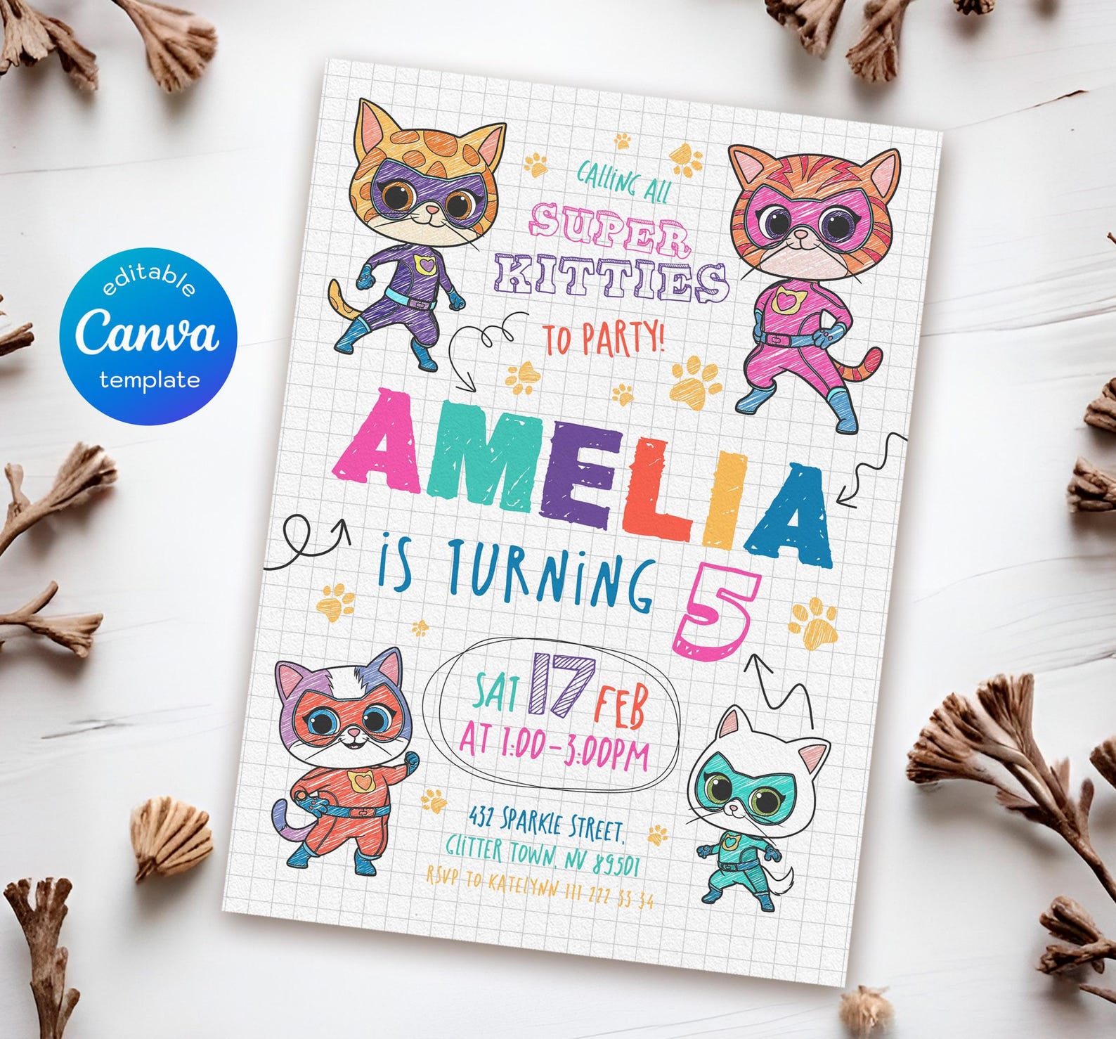 Superkitties Invitation, Printable Editable Super Kitty Invite ...