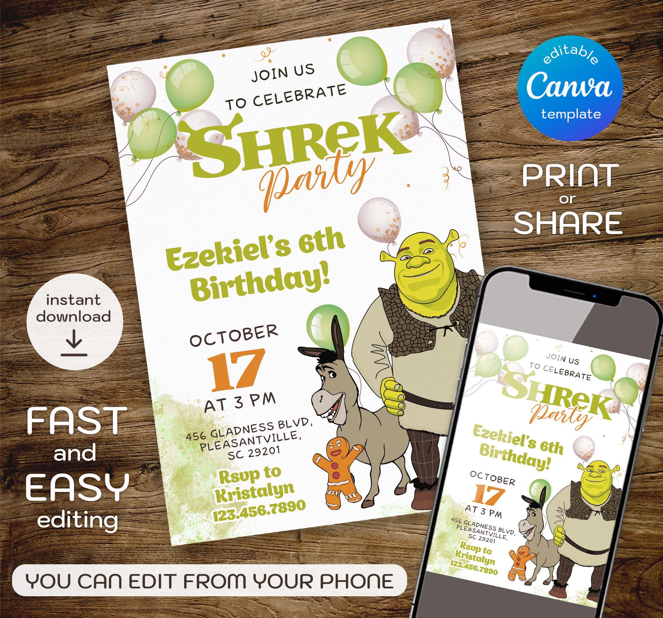 Shrek Birthday Invitation, Printable Shrek Invitation, Fiona Party ...