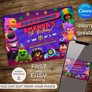 Brawl Stars Invitation, Gamer Invite, Printable Editable Video Game ...