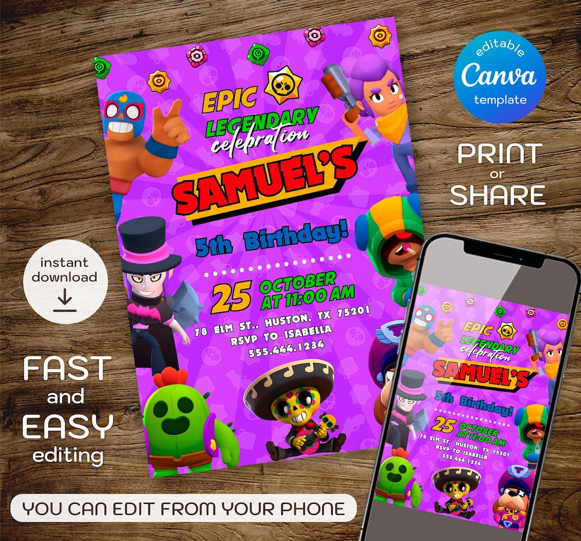 Brawl Stars Invitation, Gamer Invite, Printable Editable Video Game ...