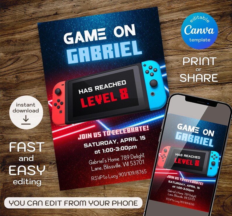 Editable Switch Invite, Printable Gamer Birthday Invitation, Video Game ...