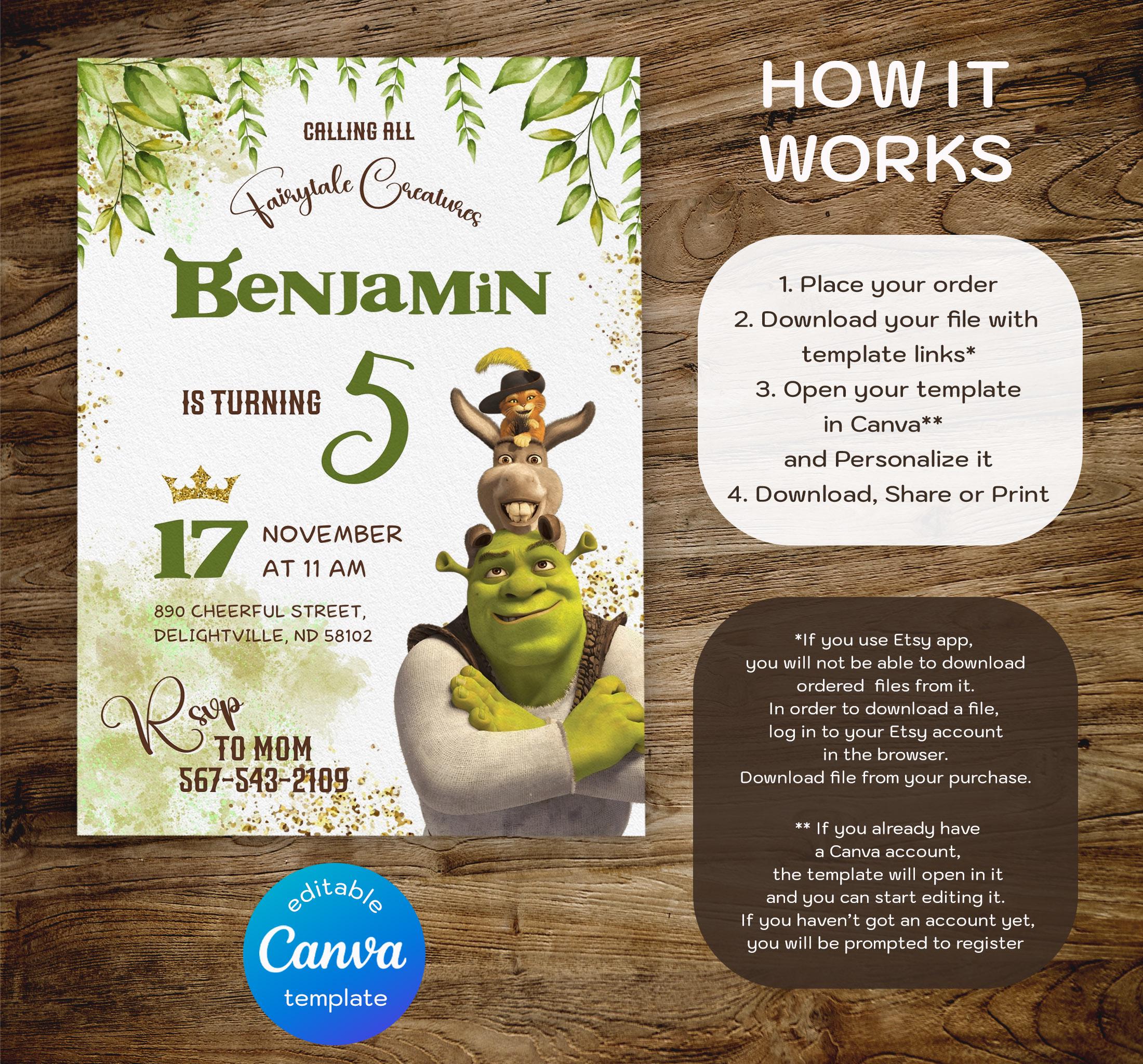 Shrek Birthday Invitation, Printable Shrek Invitation, Fiona Party ...