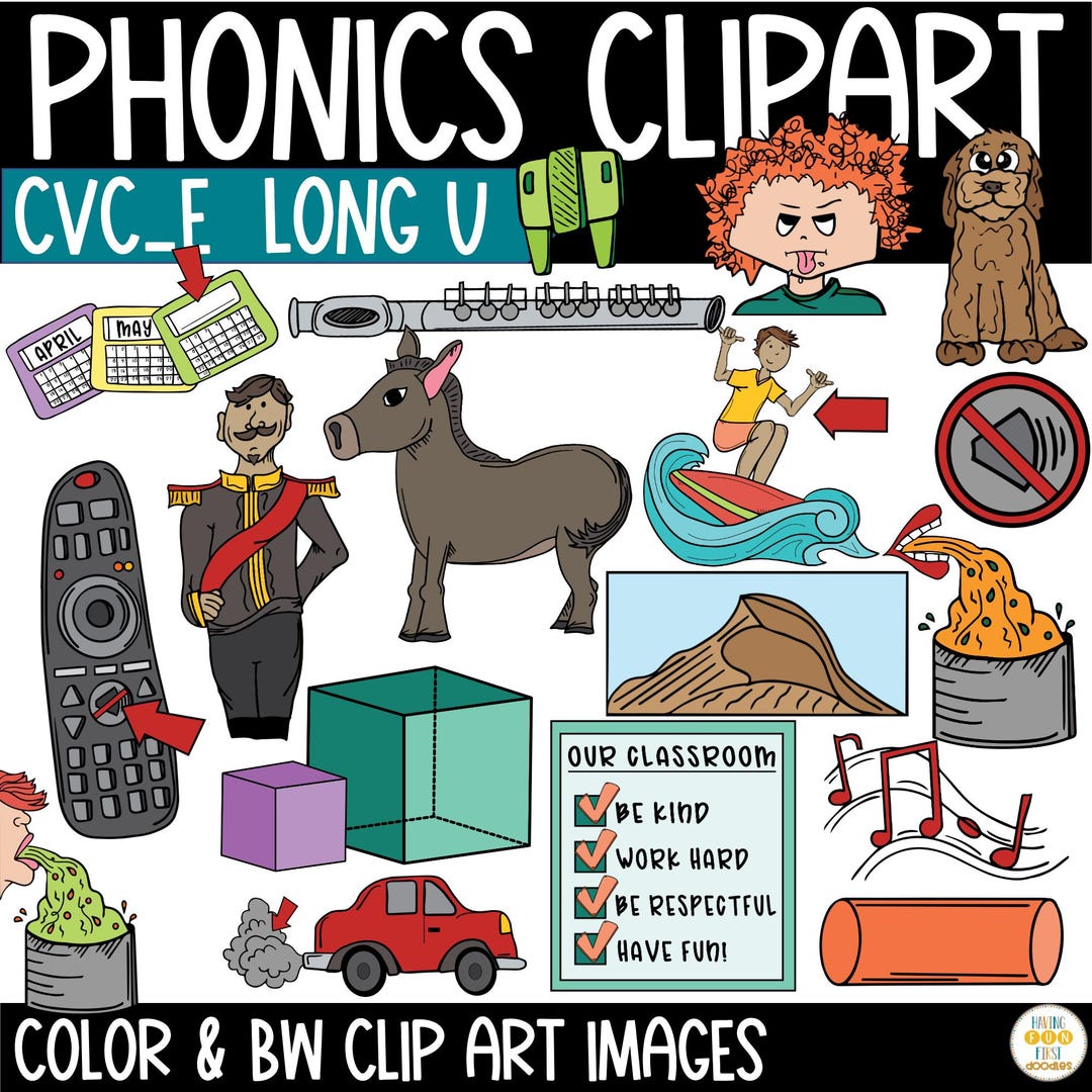 CVCE VCE Long U Words Clipart for Phonics Activities Silent E / Magic E ...