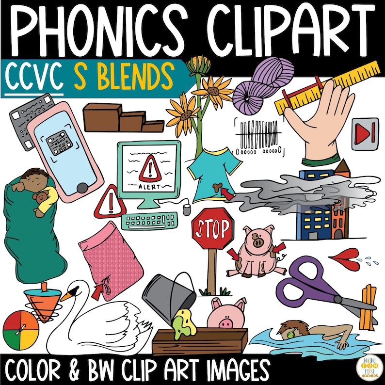 CCVC Beginning S Blend Word Clipart for Phonics Activities Science of ...