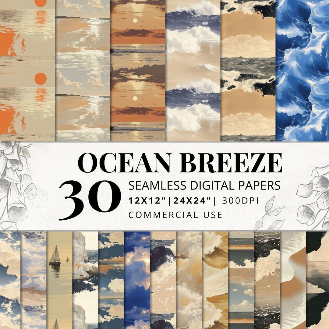 Ocean Breeze: 30 Seamless Digital Papers Seamless Beach and Sea Pattern ...