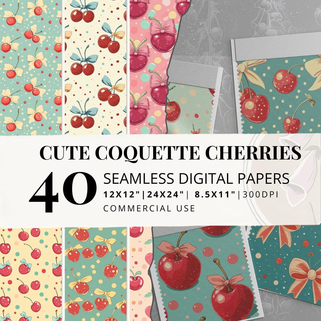 40 Cherry Digital Paper in Retro Coquette Style. Pink Cherries Pastel ...