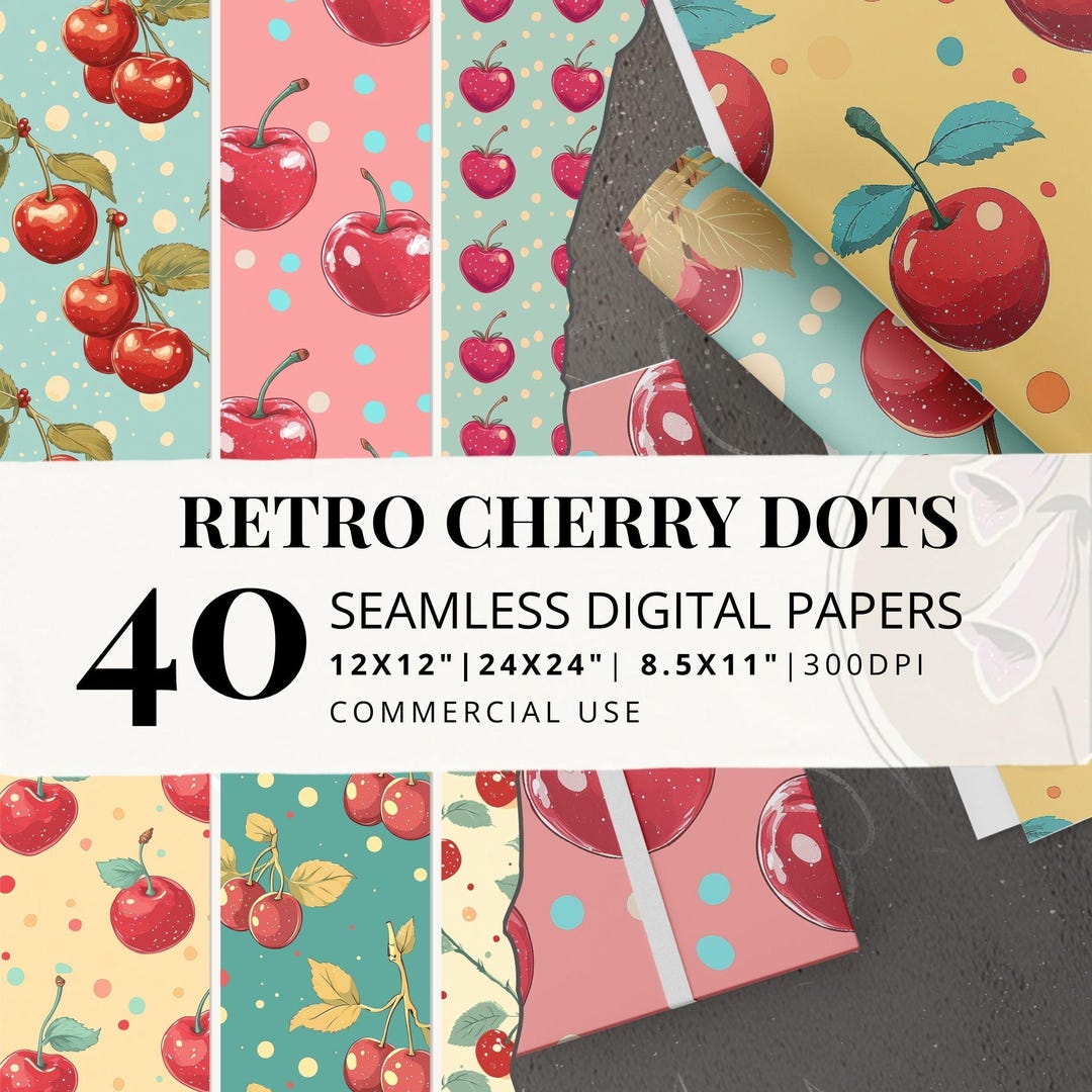 Cherry Retro Wallpaper: 40 Seamless Pattern Set With Cute Cherry ...