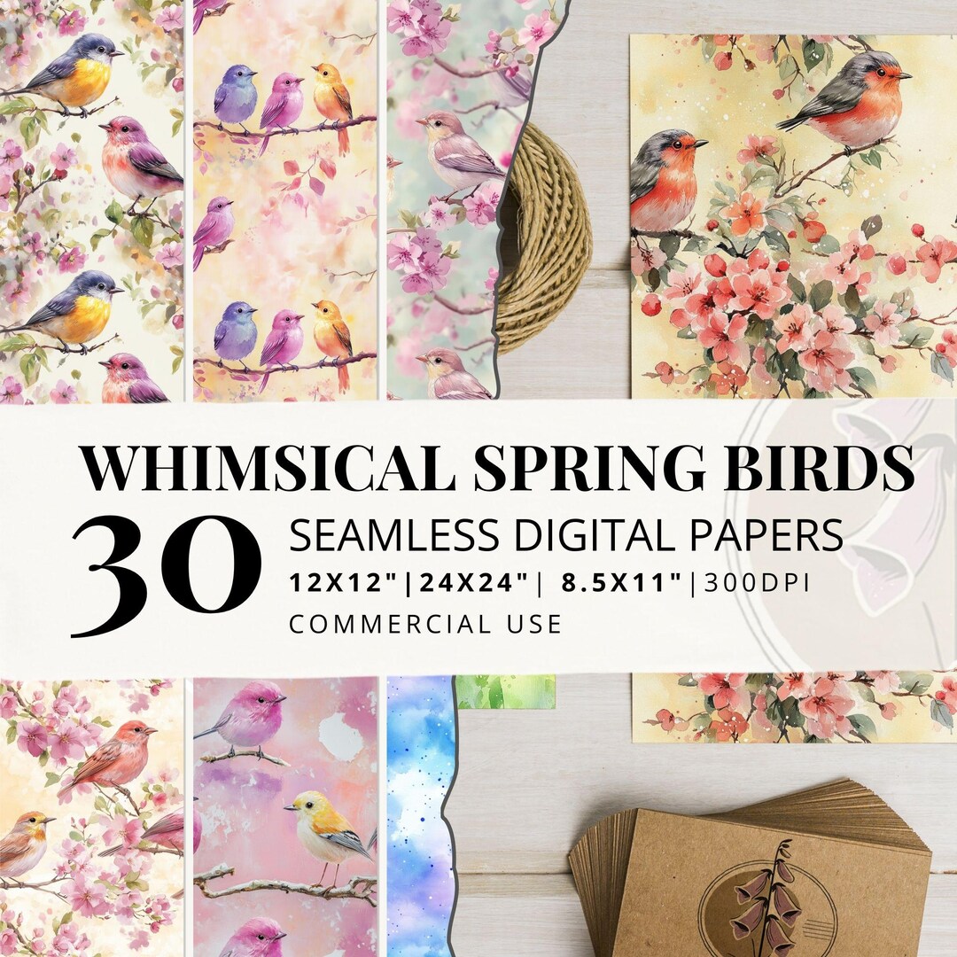 30 Spring Birds Seamless Pattern Set, Cute Birds Digital Paper for Easter. Watercolor Pastel ...
