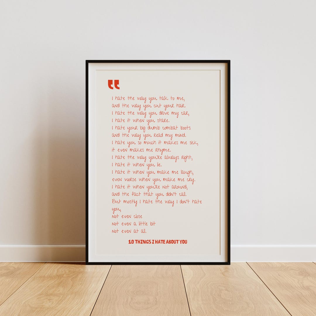 10 Things I Hate About You Poster, Kat Stratford Poem Print, Romantic ...