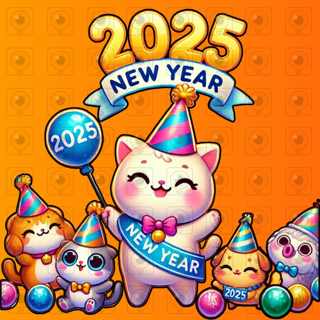 2025 Cute Cat New Year Graphic Minimalist White and Black Outline ...