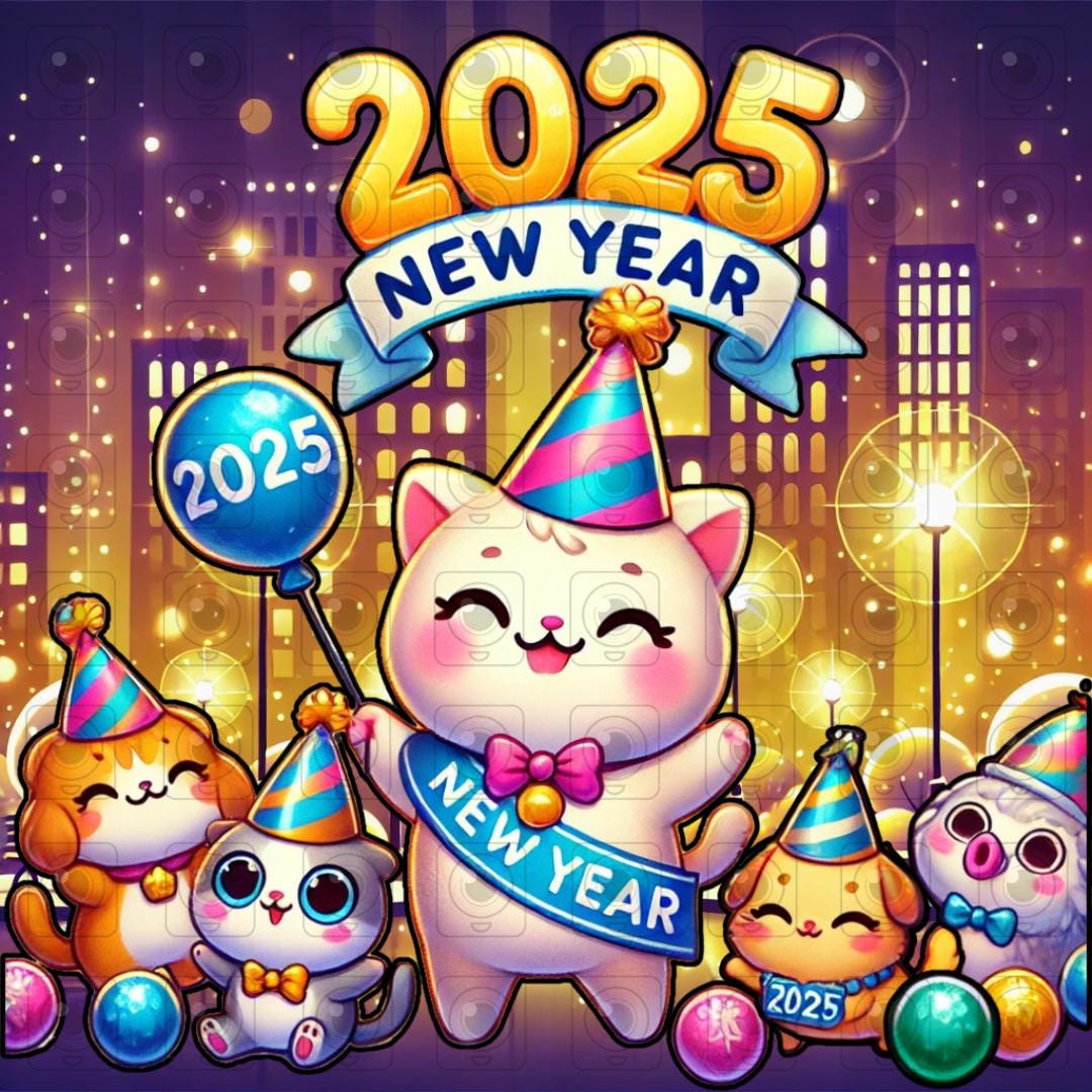 2025 Cute Cat New Year Graphic Minimalist White and Black Outline ...
