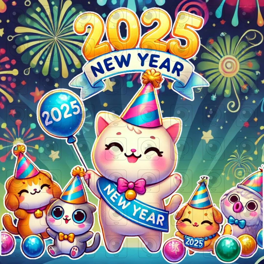2025 Cute Cat New Year Graphic Minimalist White and Black Outline ...