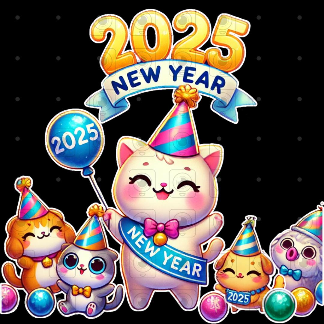 2025 Cute Cat New Year Graphic Minimalist White and Black Outline ...