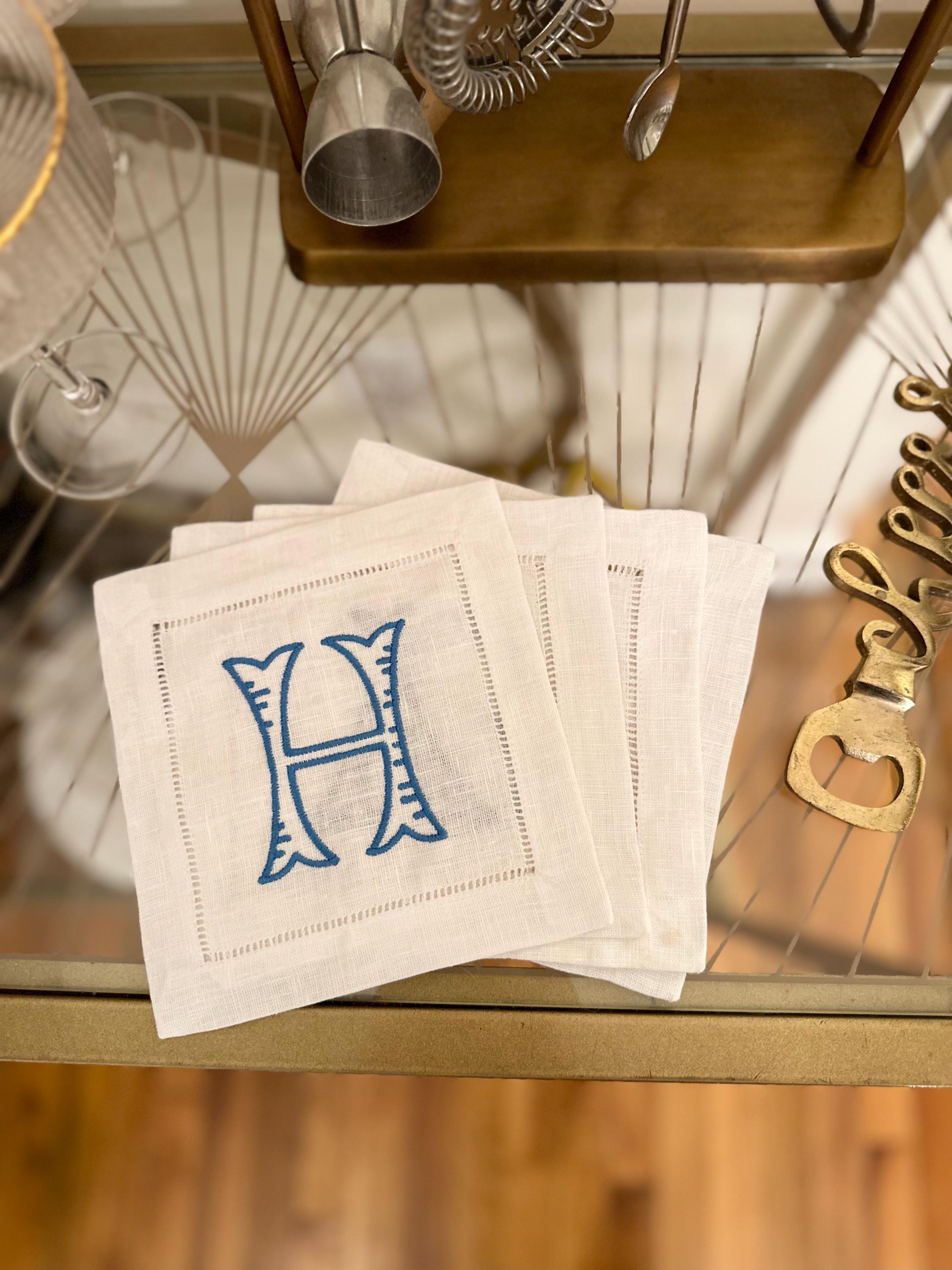 Custom Jumbo Fishtail Letter Monogram Embroidered Cocktail Napkin Set ...