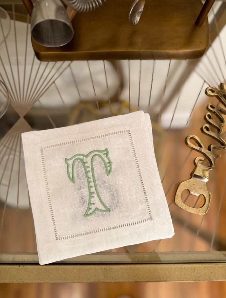 Custom Jumbo Fishtail Letter Monogram Embroidered Cocktail Napkin Set ...