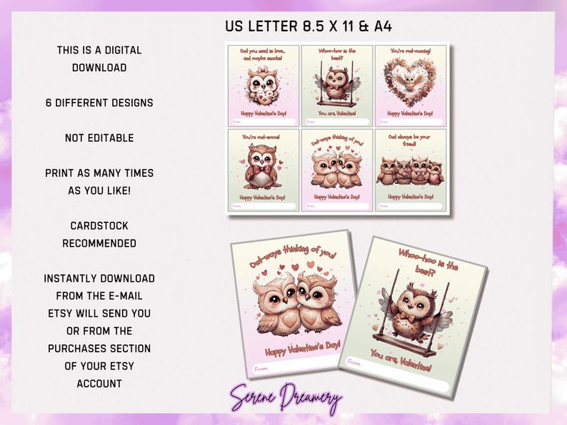 Printable Owl Valentine Cards, Digital Valentines Cards, Classroom ...