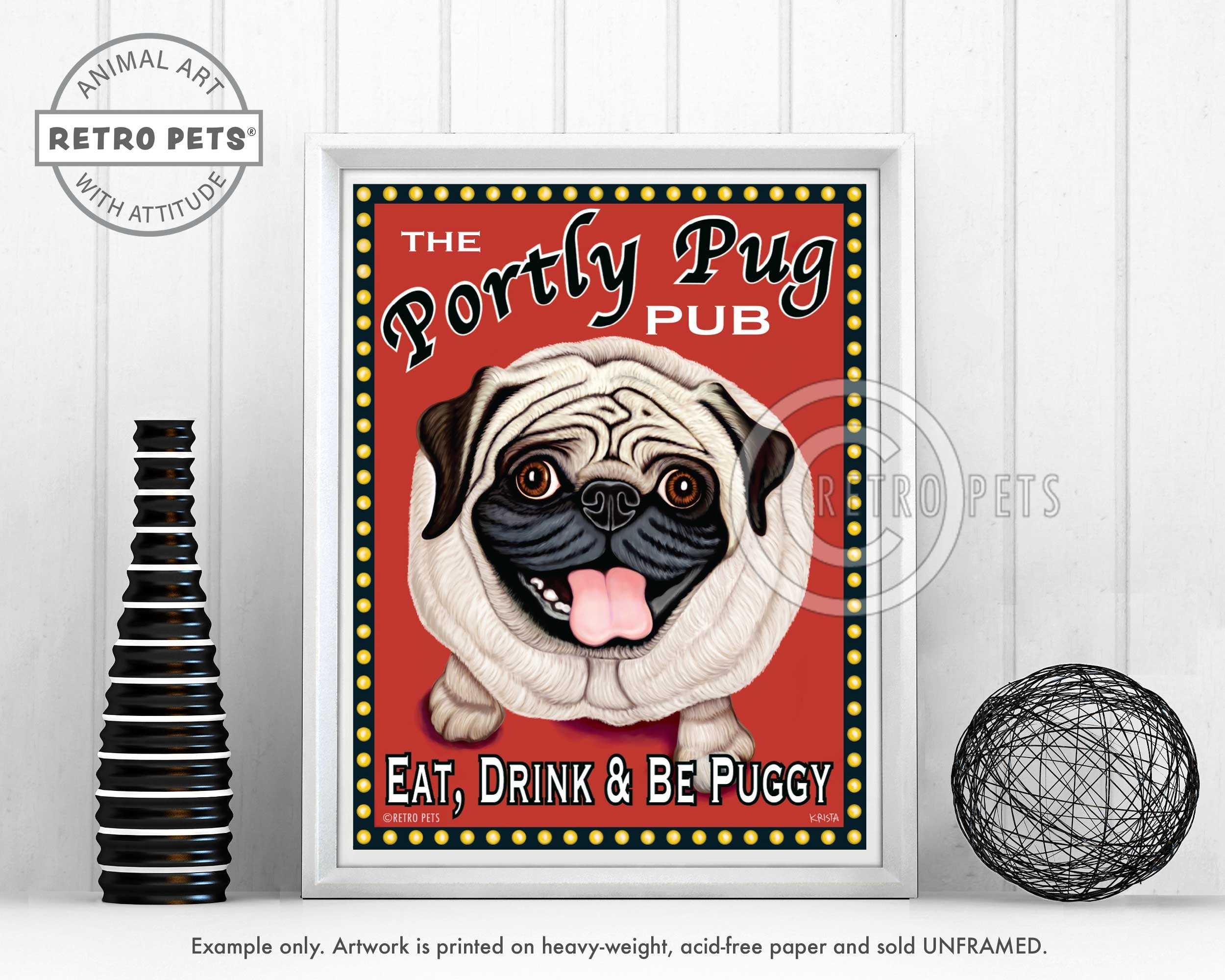 Pug Art Fawn Dog Wall Art Dog Decor Portly Pug Pub Bar | Etsy