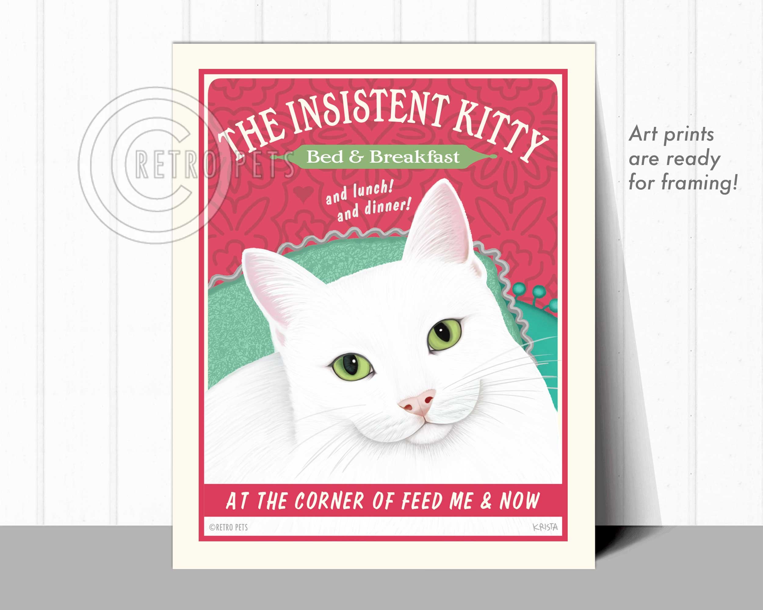 White Cat, Cat Lover Gift, Cat Wall Art, Funny Cat Art, Cat Greeting ...
