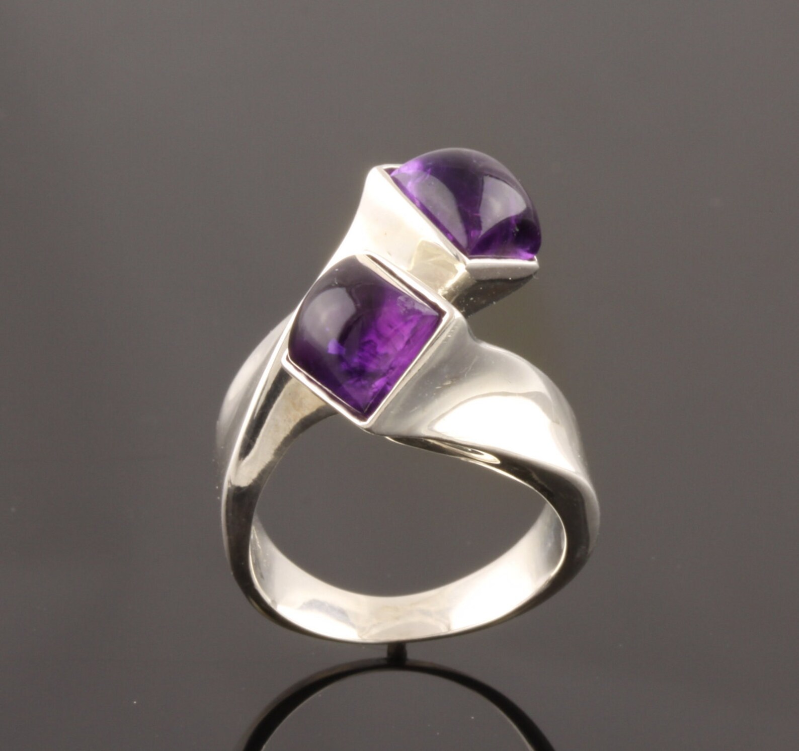 Sterling Silver Bypass Ring Set With Two 7mm Square Cabochon Amethyst ...