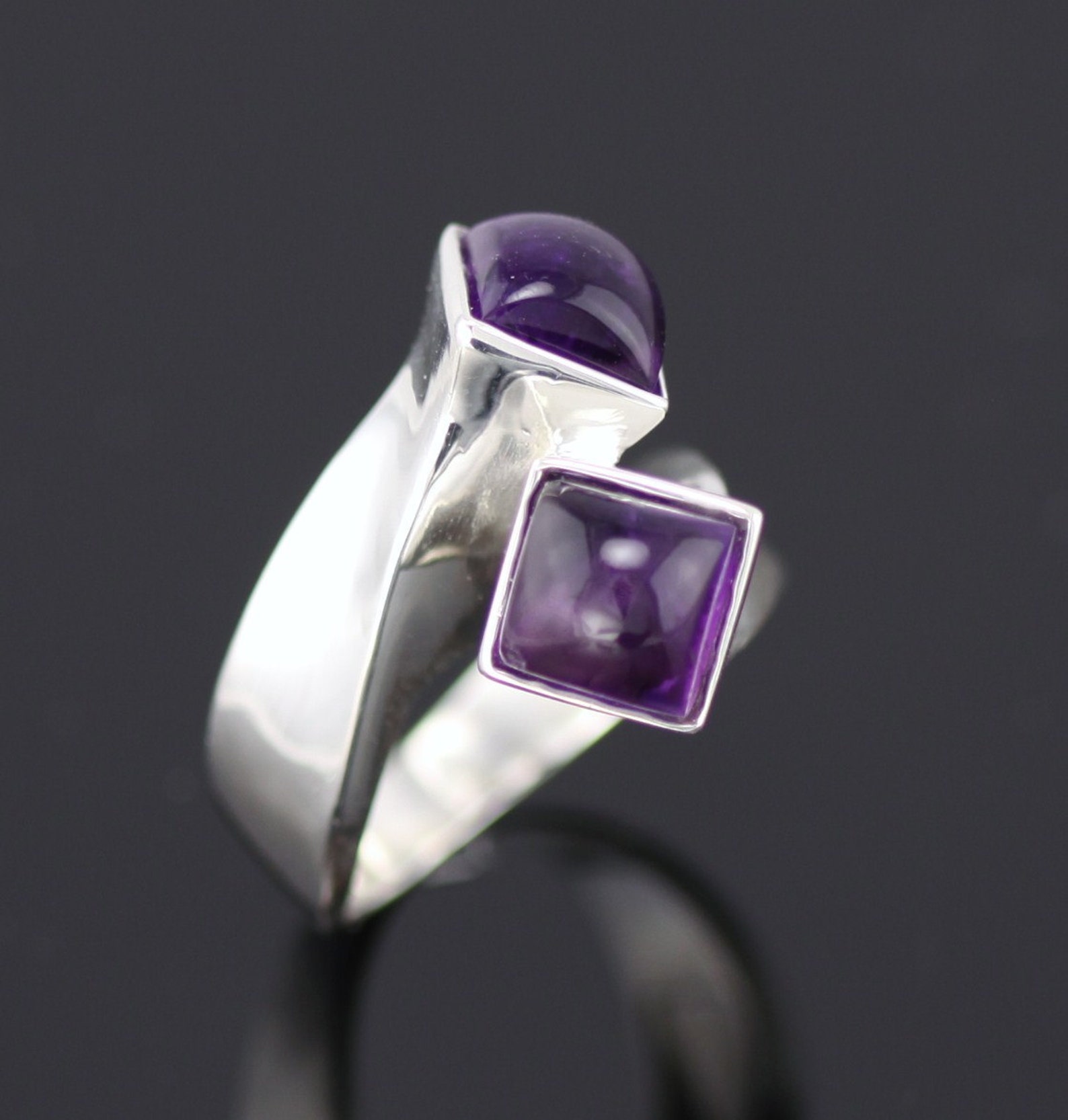 Sterling Silver Bypass Ring Set With Two 7mm Square Cabochon Amethyst ...
