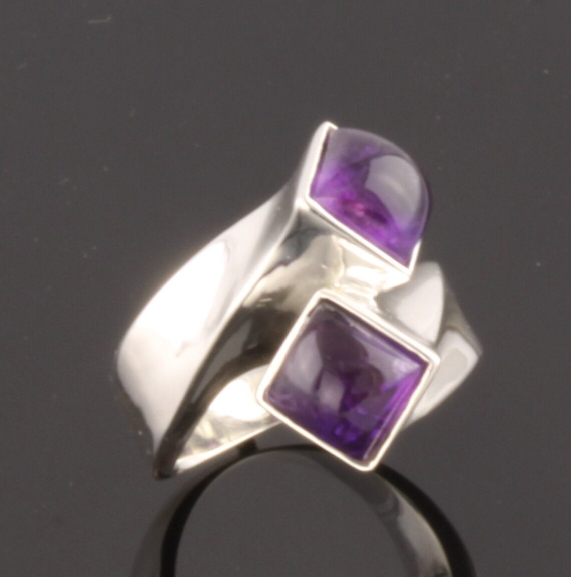 Sterling Silver Bypass Ring Set With Two 7mm Square Cabochon Amethyst ...