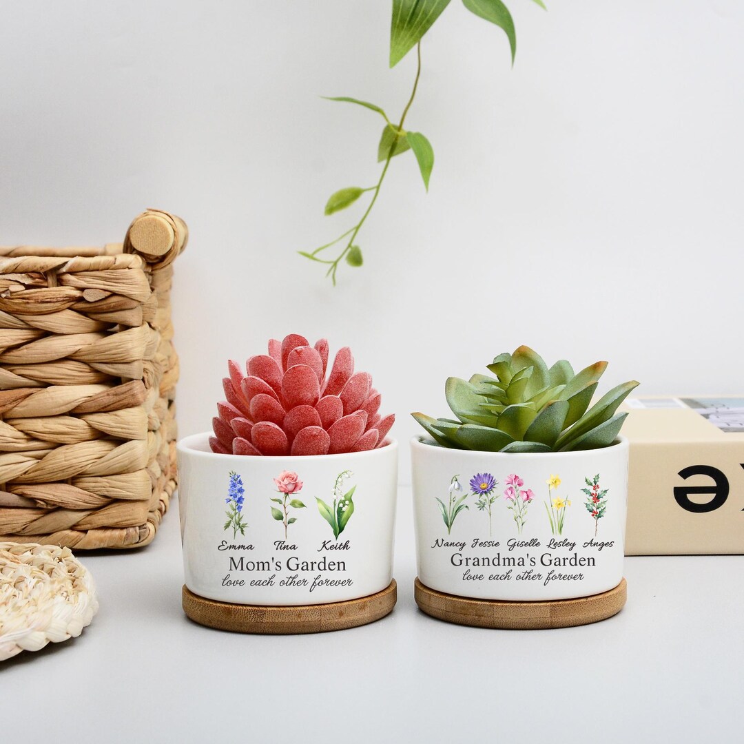 Personalized Birth Flower Ceramic Planter, Custom Grandma's Garden ...