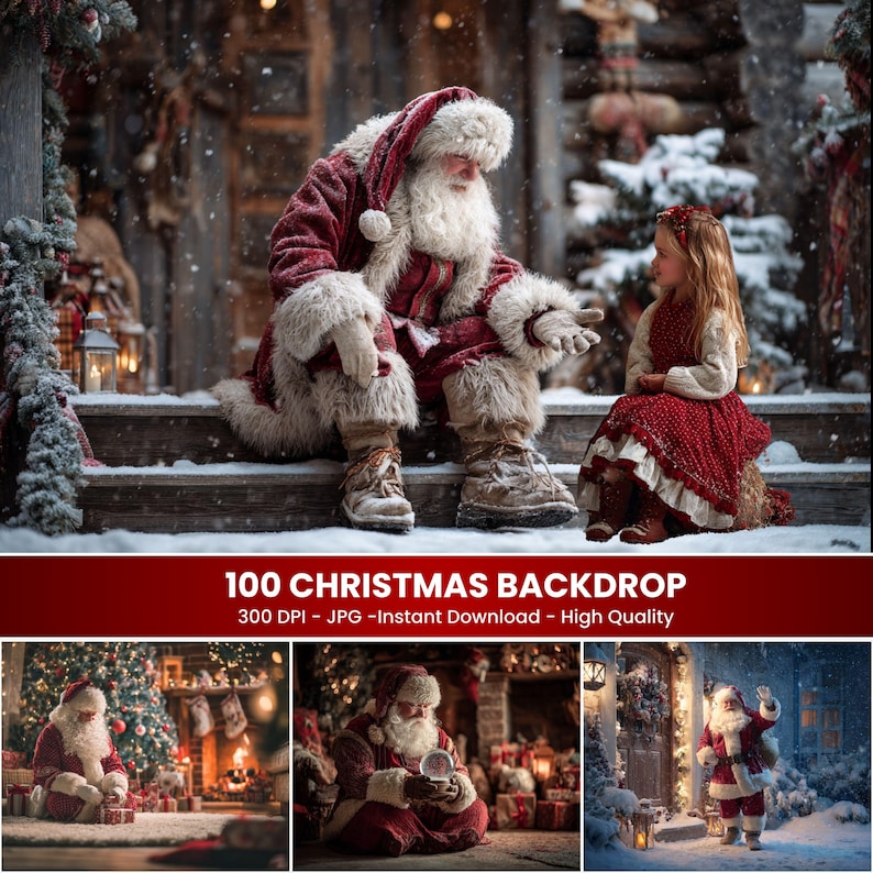 100 Christmas Digital Backdrops, Winter Backdrop, Santa Overlay ...