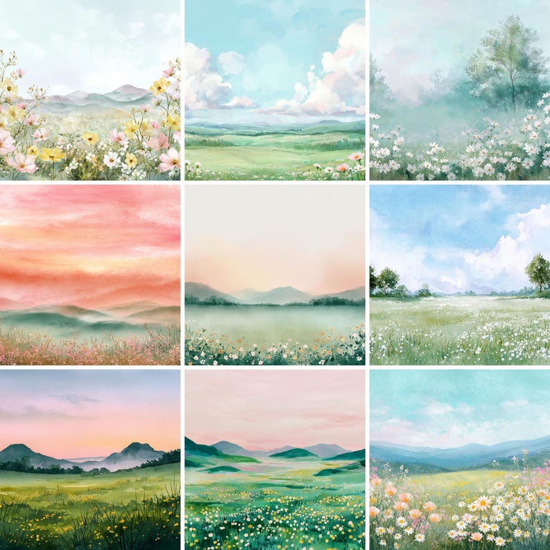 Pacote de imagens PNG com fundo de paisagem primaveril em estilo ...