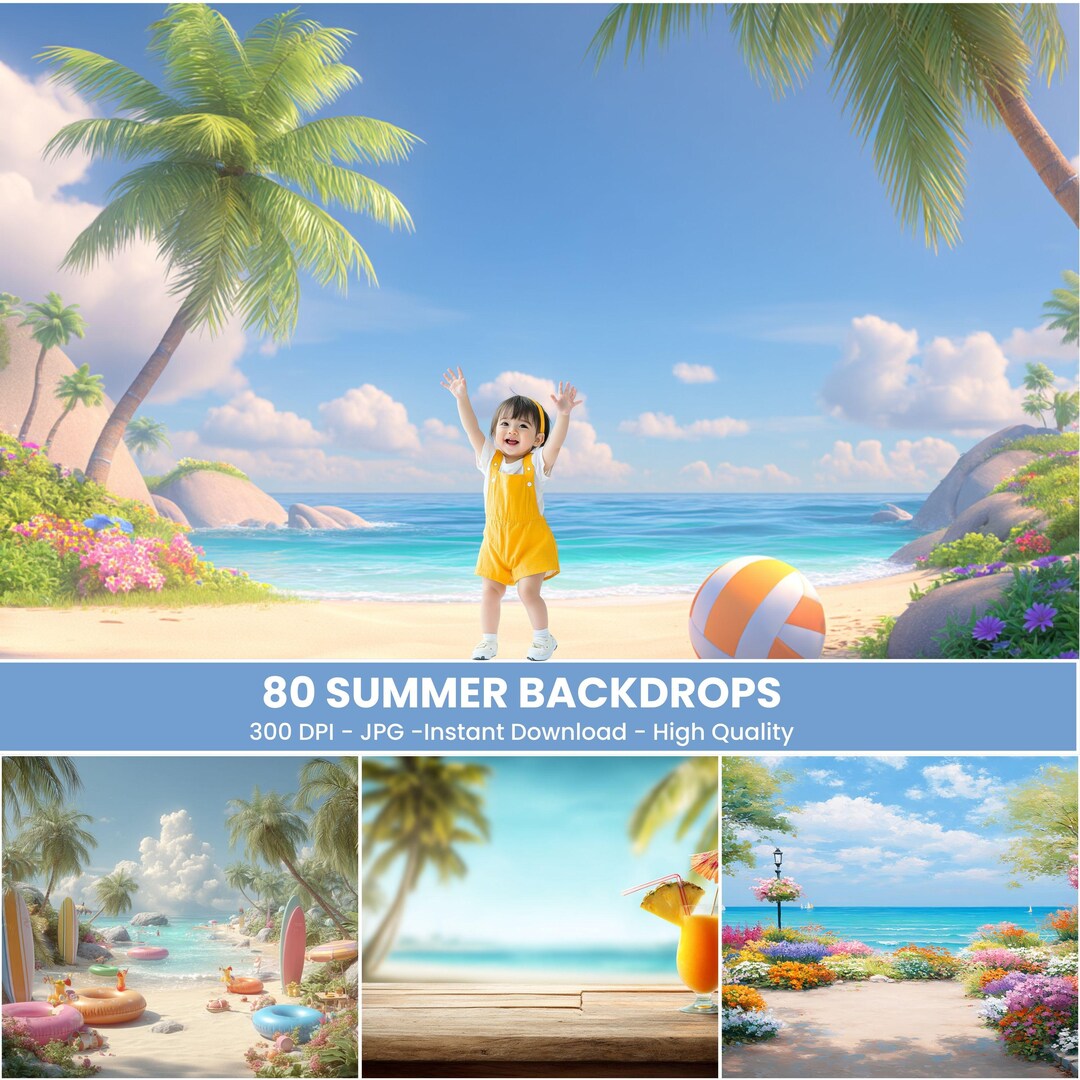 80 Summer Beach Photography Backdrops: Photoshop Overlays (digital ...