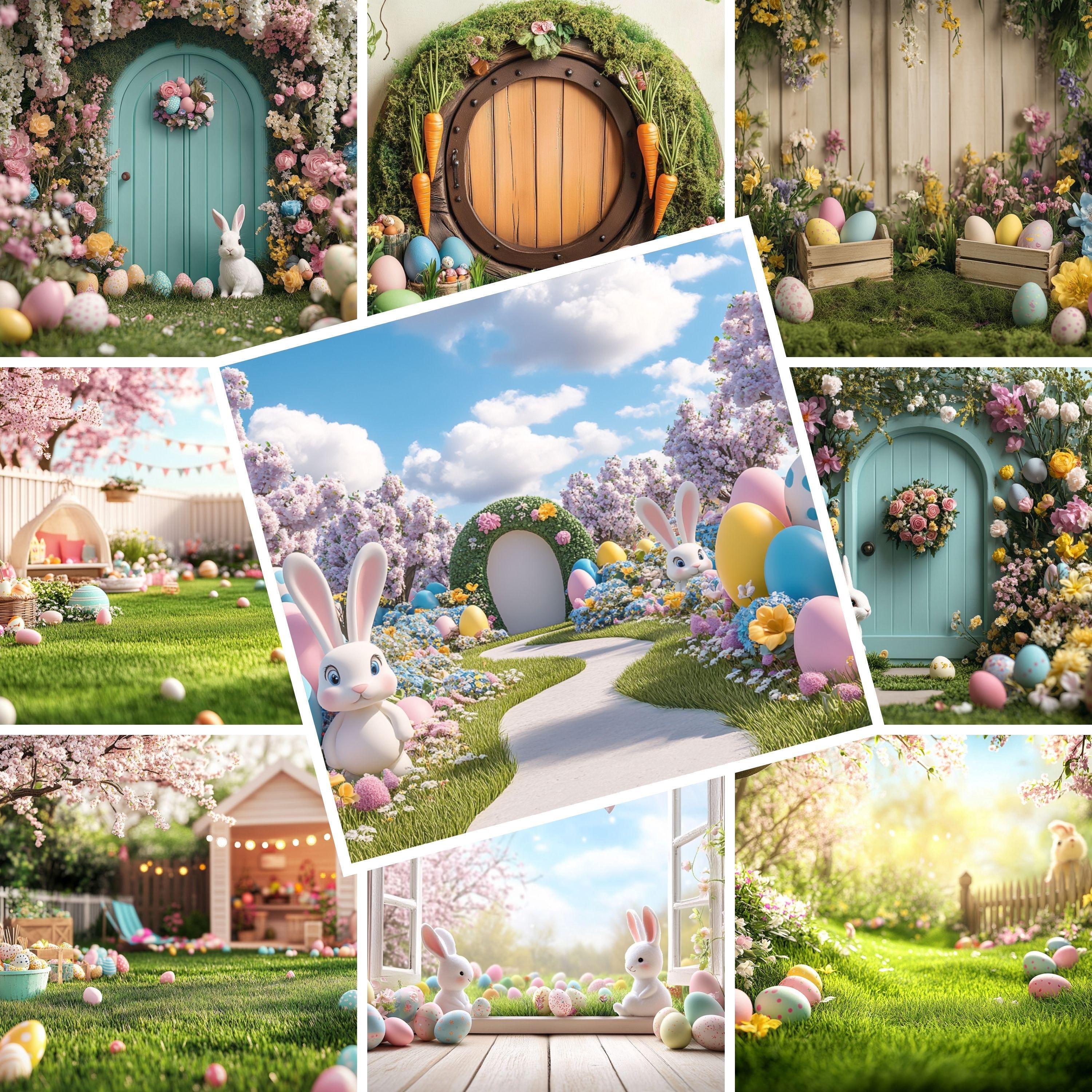 116 Easter Floral Digital Backdrop Spring Bunny Egg Background for ...