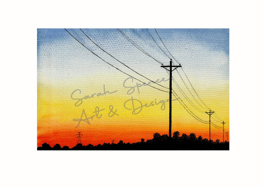 Sunset Telephone Pole Watercolor Art / Sunset Tree Art / Giclée Sunset ...