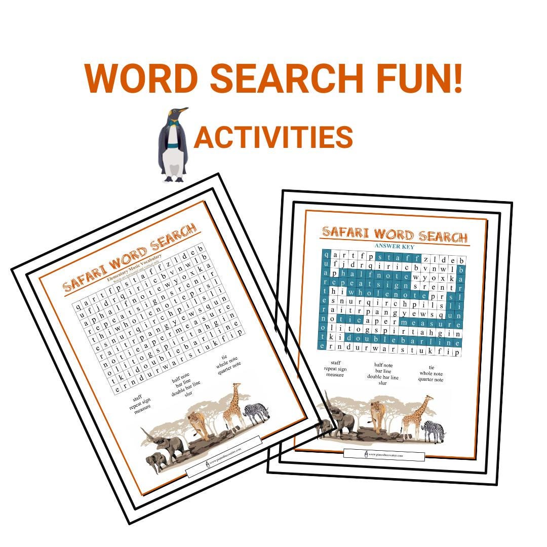 Safari Elementary Word Search, Fun Music Activity, Piano Lessons - Etsy