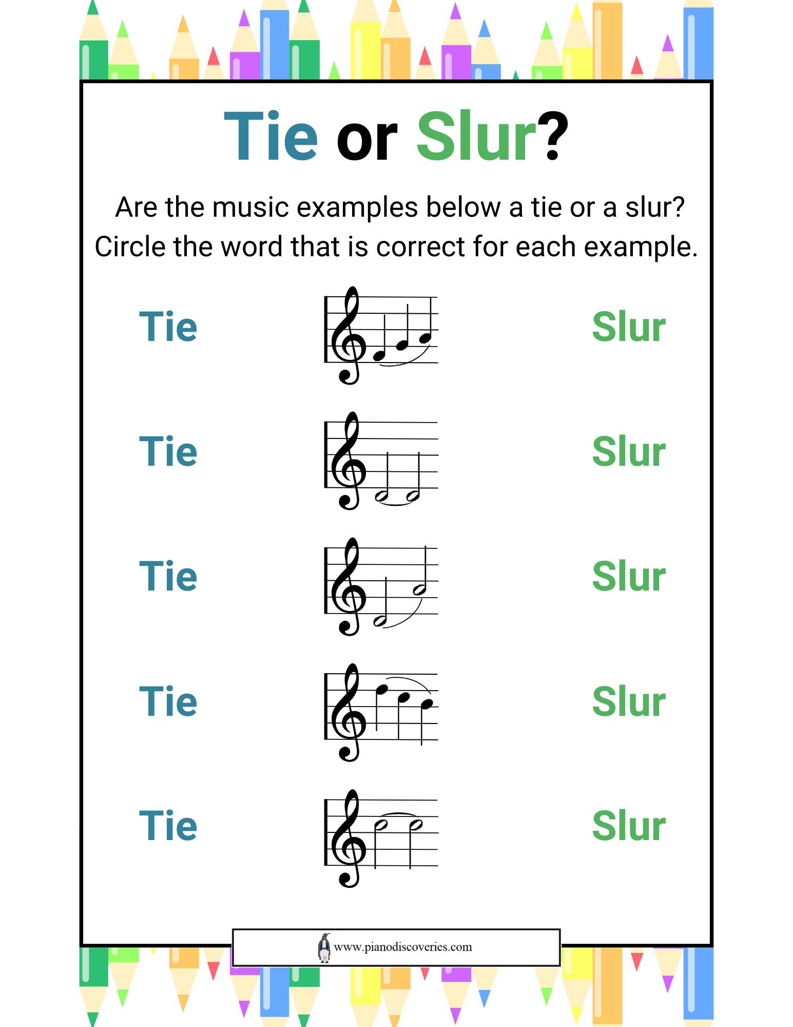 Tie or Slur? Elementary Level Music Worksheet (PDF Download) - Etsy