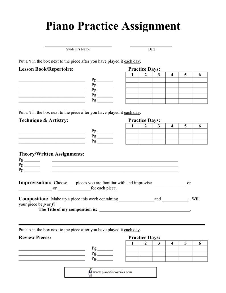 Piano Practice Assignment Sheets: Teacher Studio Aids (PDF Download) - Etsy
