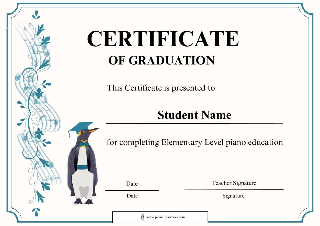 Certificate of Graduation Rewards, Piano Lesson Level Advancement ...